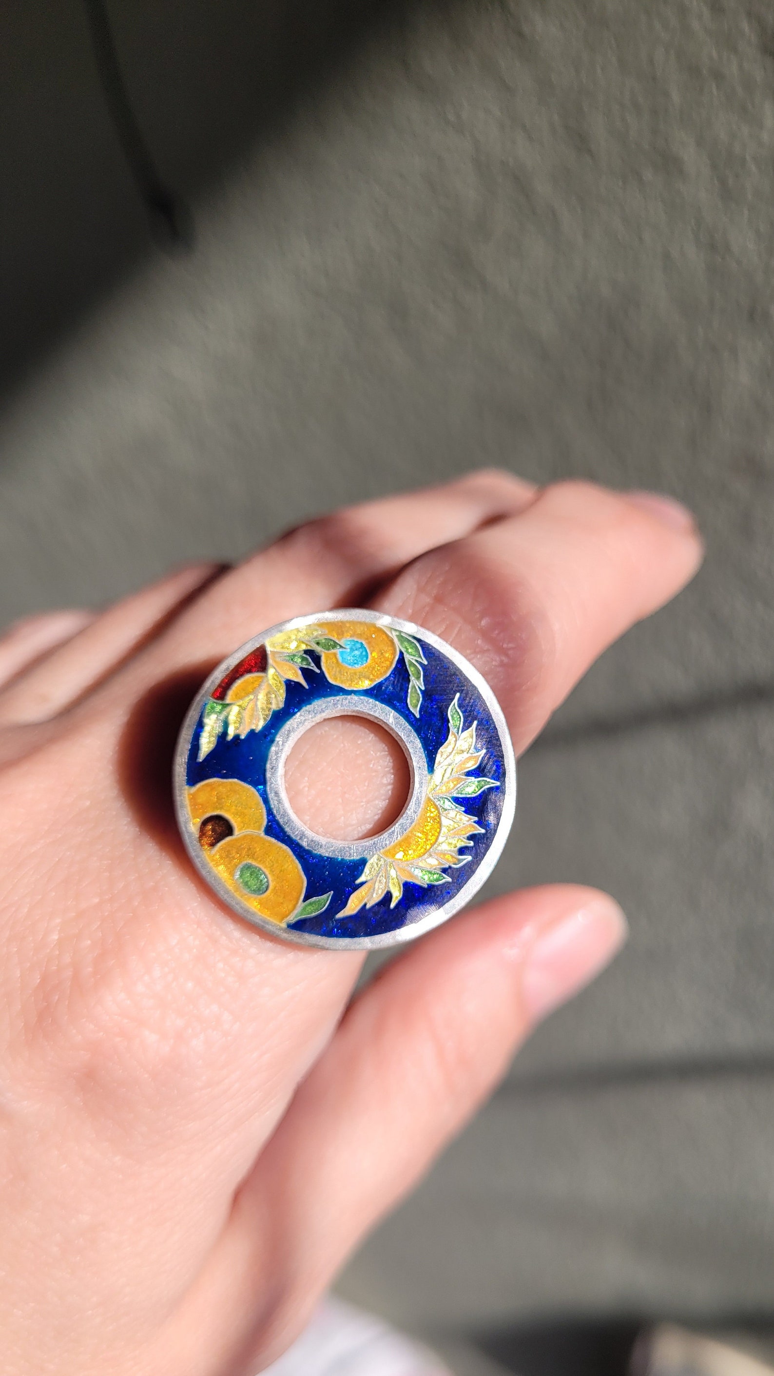 Van Gogh Sunflowers Statement Ring, Cloisonne Enamel Jewelry, Silver ...