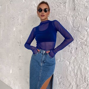 Mesh Fishnet Top, Sheer Mesh Top, Black Top Long Sleeve, Soft Stretchy ...