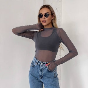 Mesh Fishnet Top, Sheer Mesh Top, Black Top Long Sleeve, Soft Stretchy ...