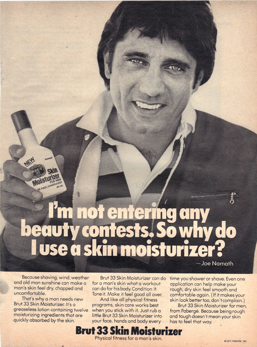 Vintage 1977 Print Ad for Brut 33 Skin Moisturizer With Joe Namath - Etsy