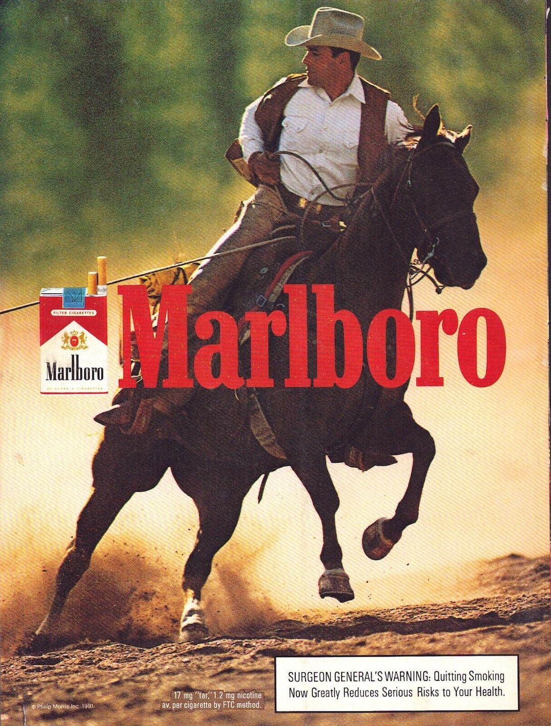 1991 Marlboro Cigarettes Print Ad - Cowboy on Horse - Etsy
