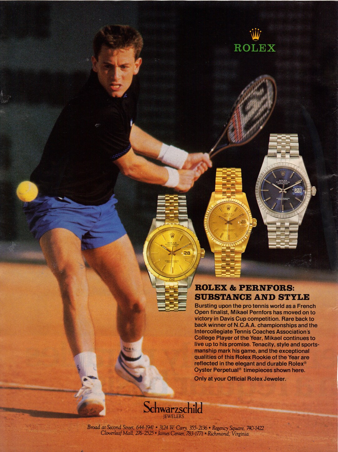 Vintage 1989 Print Ad for Rolex Watches W/ Mikael Pernfors - Etsy