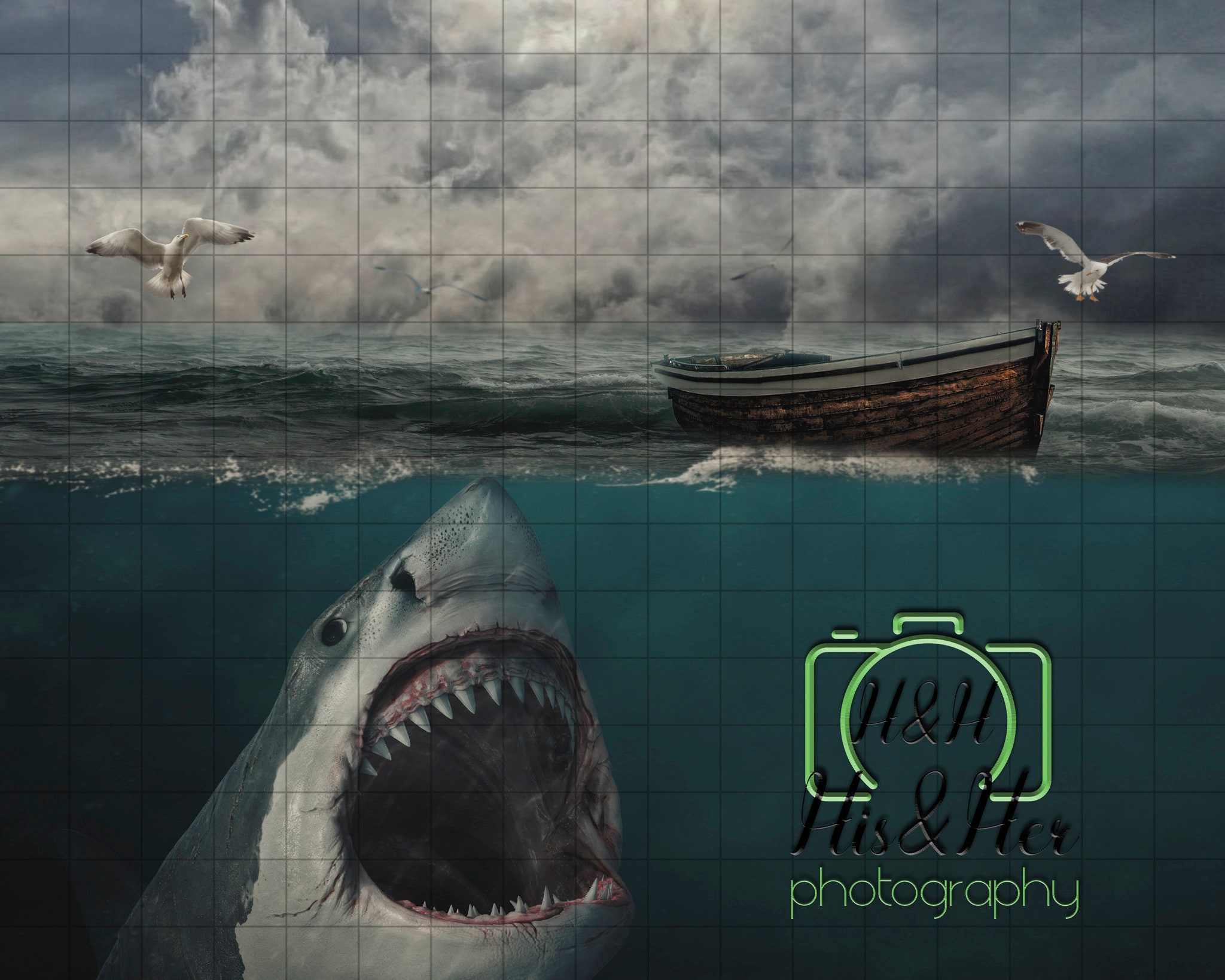 Shark Attack Boat Vertical and Horizontal Ocean Digital - Etsy