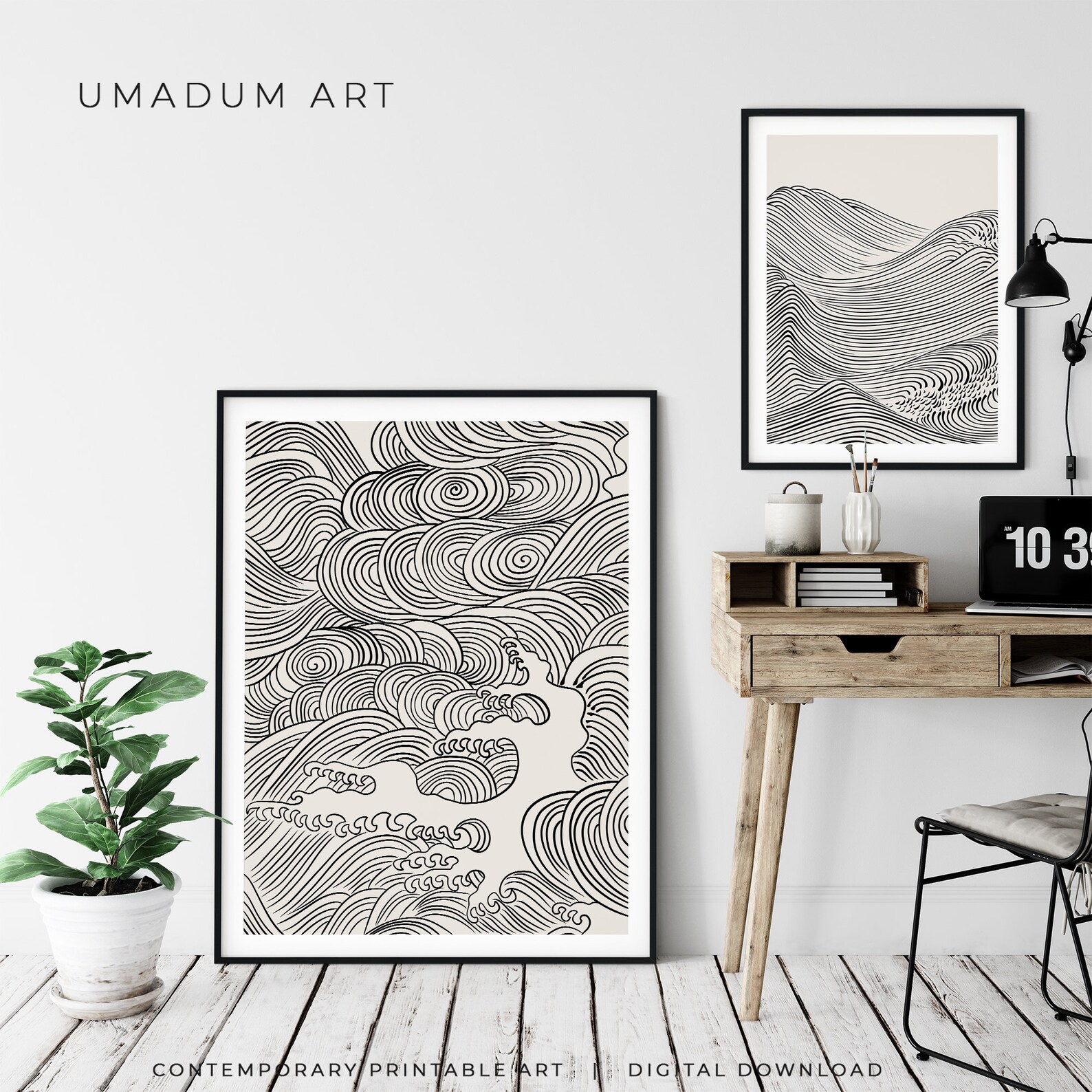 Japanese Abstract Wave Line Art Japandi Graphic Art Beige and Black Art ...