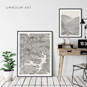 Japanese Abstract Wave Line Art Japandi Graphic Art Beige and Black Art ...