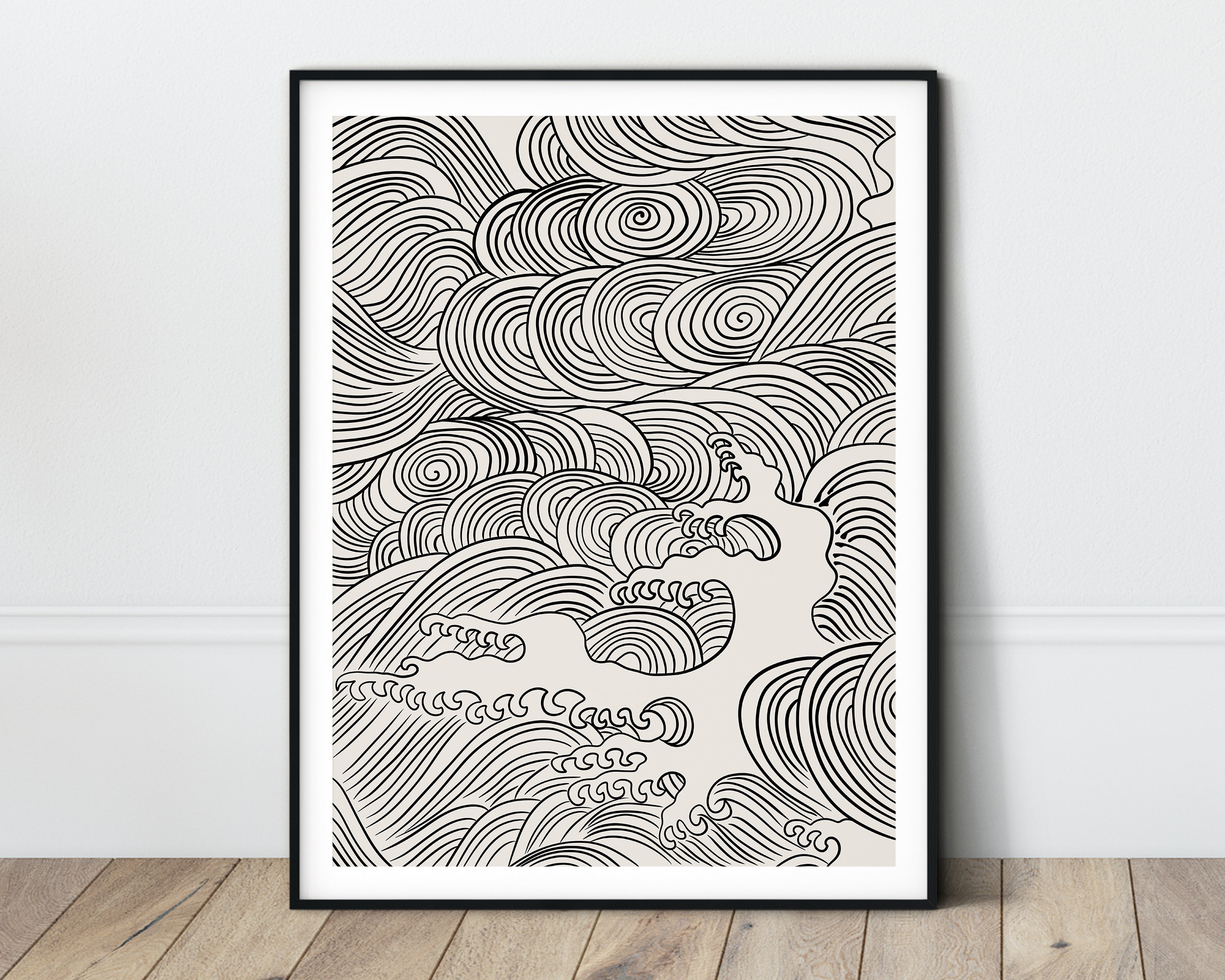 Japanese Abstract Wave Line Art Japandi Graphic Art Beige and Black Art ...