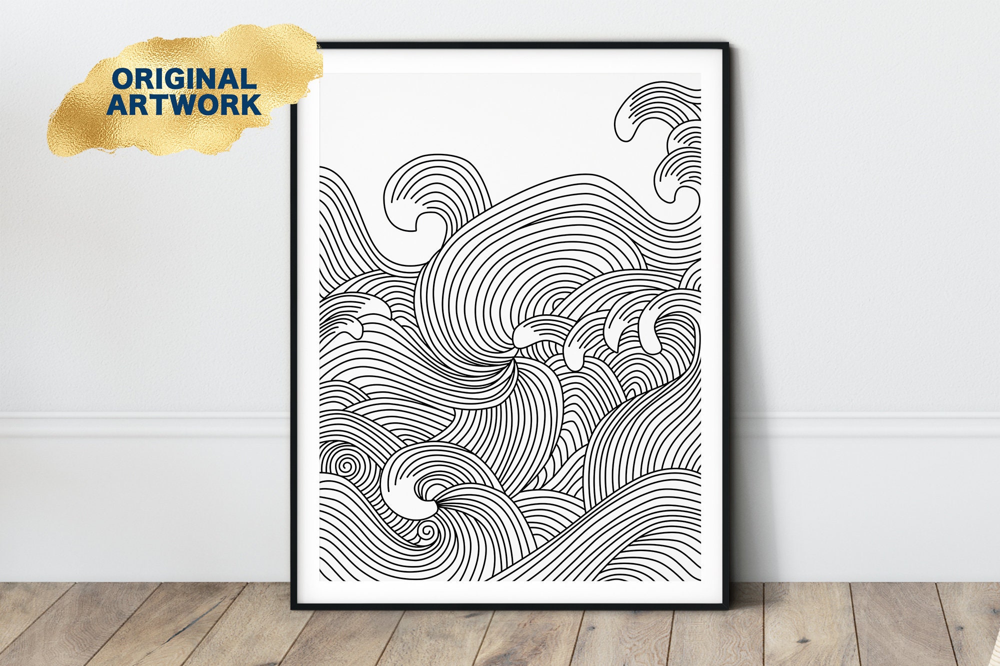 Abstract Wave Print Black and White Line Art Poster Japanese - Etsy