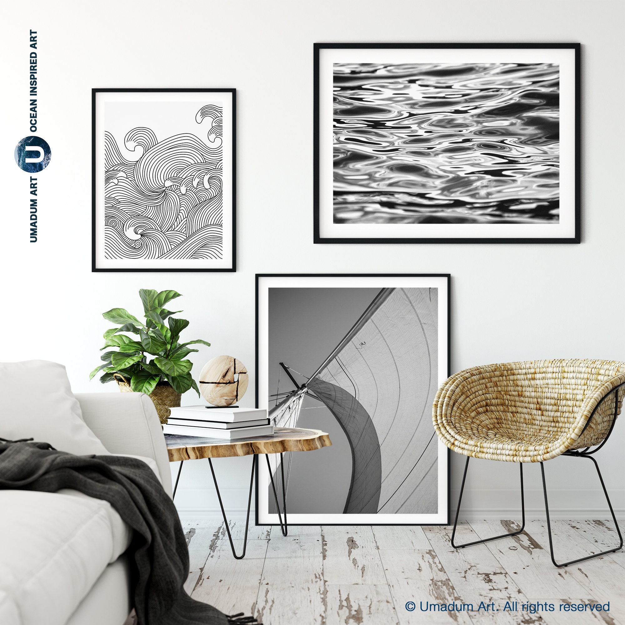 Abstract Wave Print Black and White Line Art Poster Japanese - Etsy