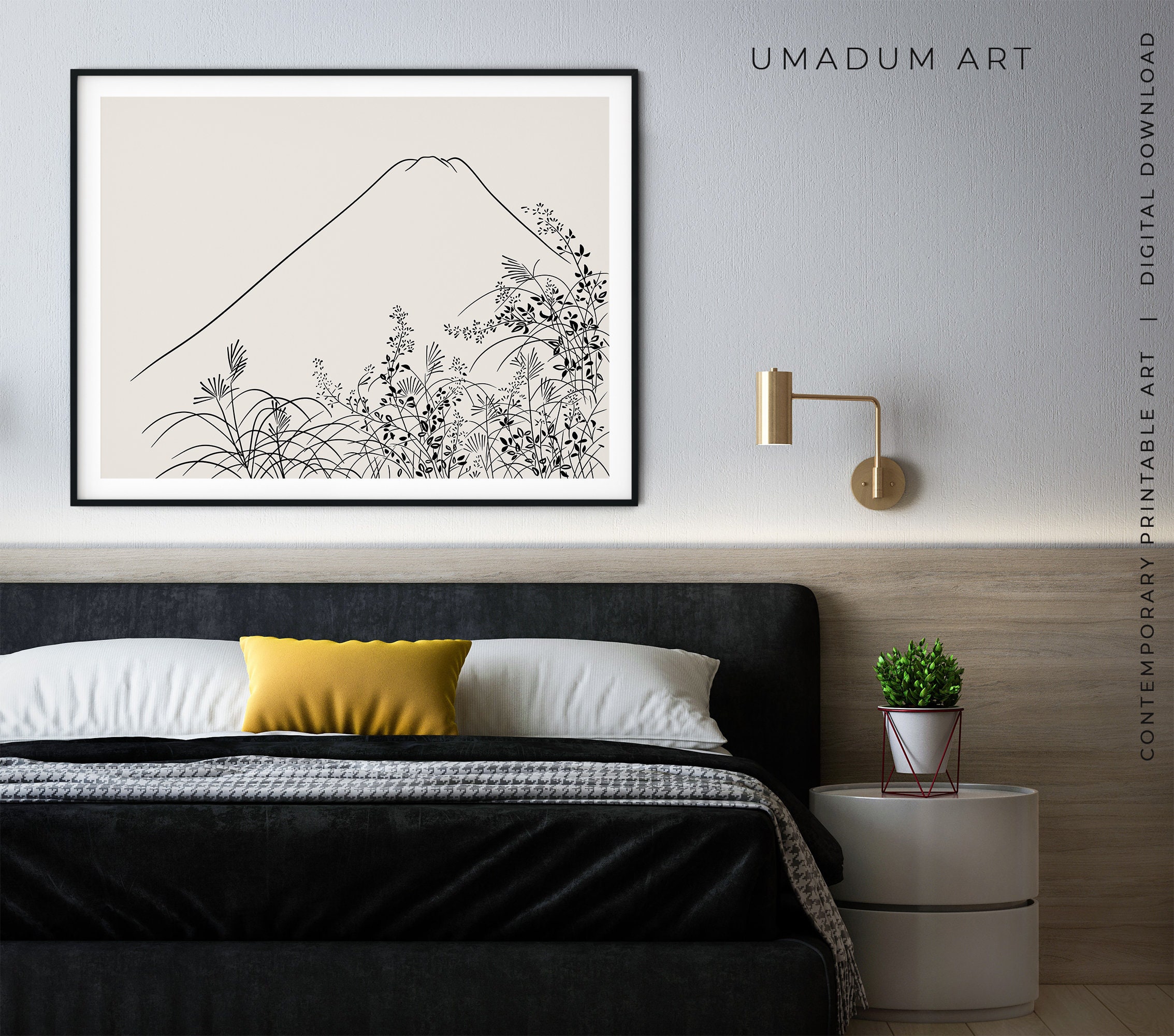 Mount Fuji Print Japanese Minimalist Abstract Line Art Beige Black ...