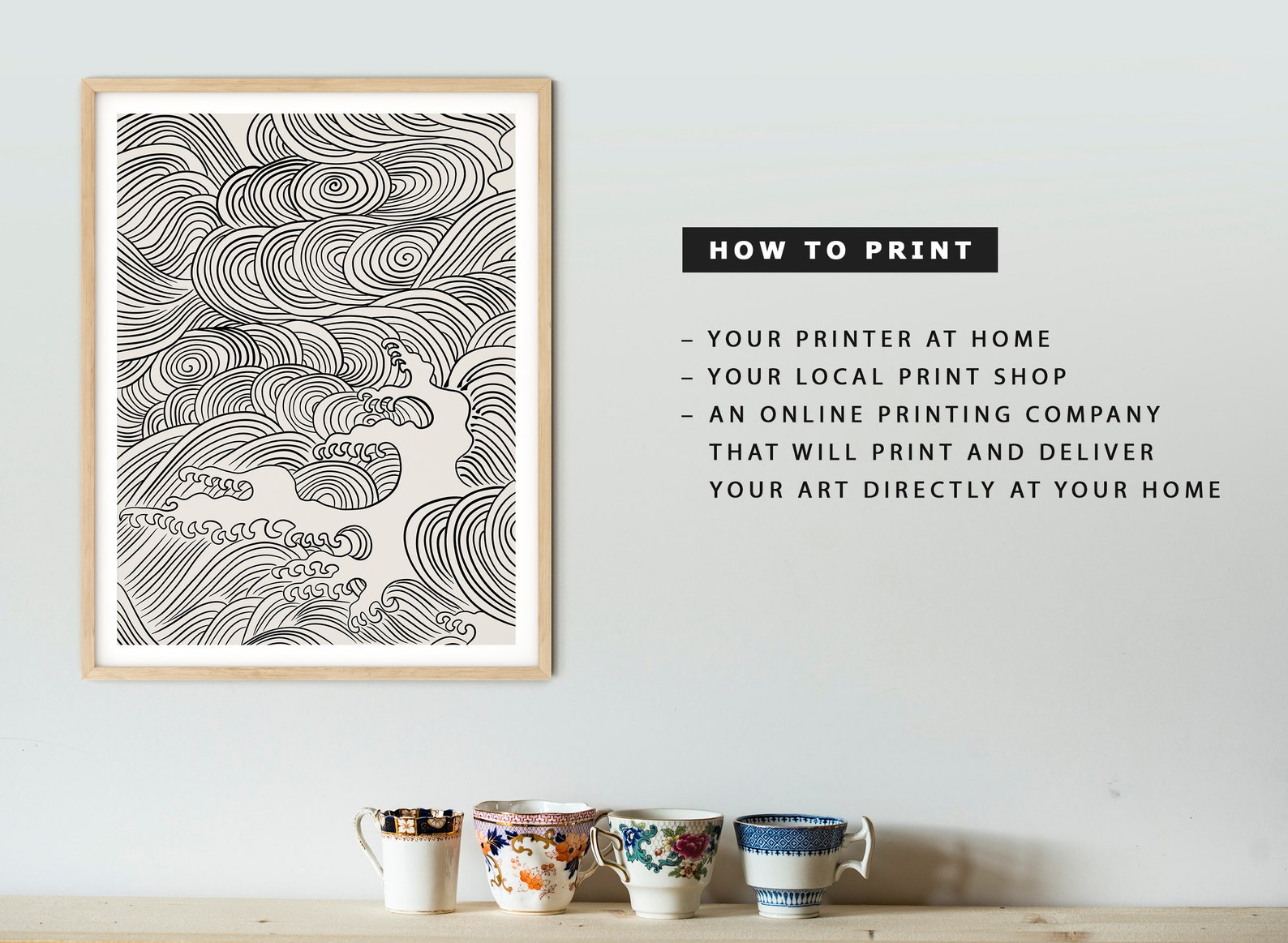 Japanese Abstract Wave Line Art Japandi Graphic Art Beige and Black Art ...