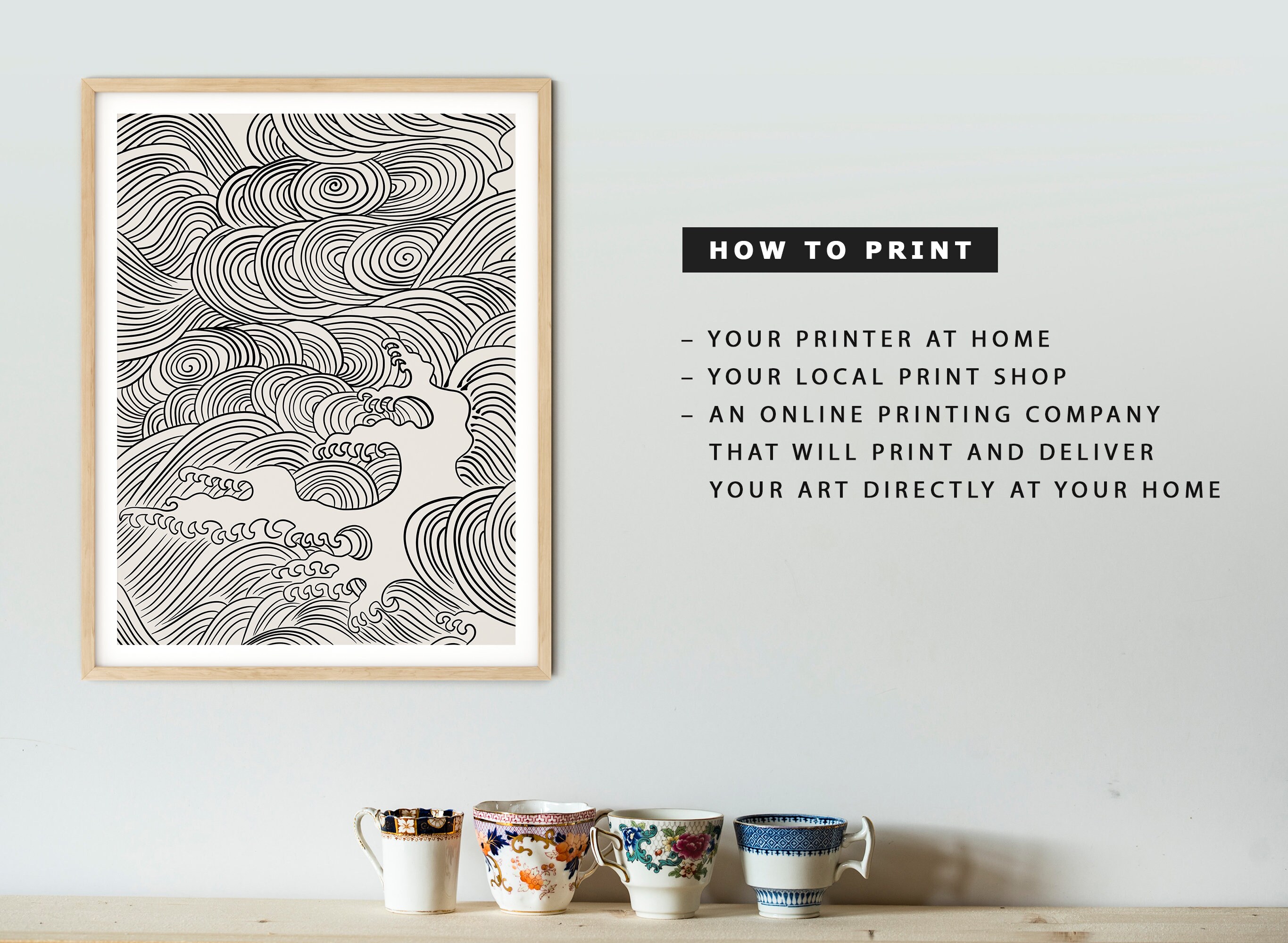 Japanese Abstract Wave Line Art Japandi Graphic Art Beige and Black Art ...
