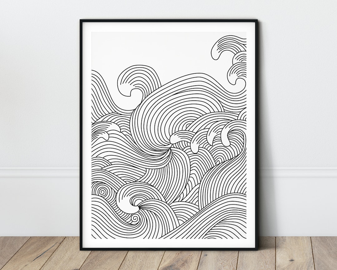 Abstract Wave Print Black and White Line Art Poster Japanese Waves ...