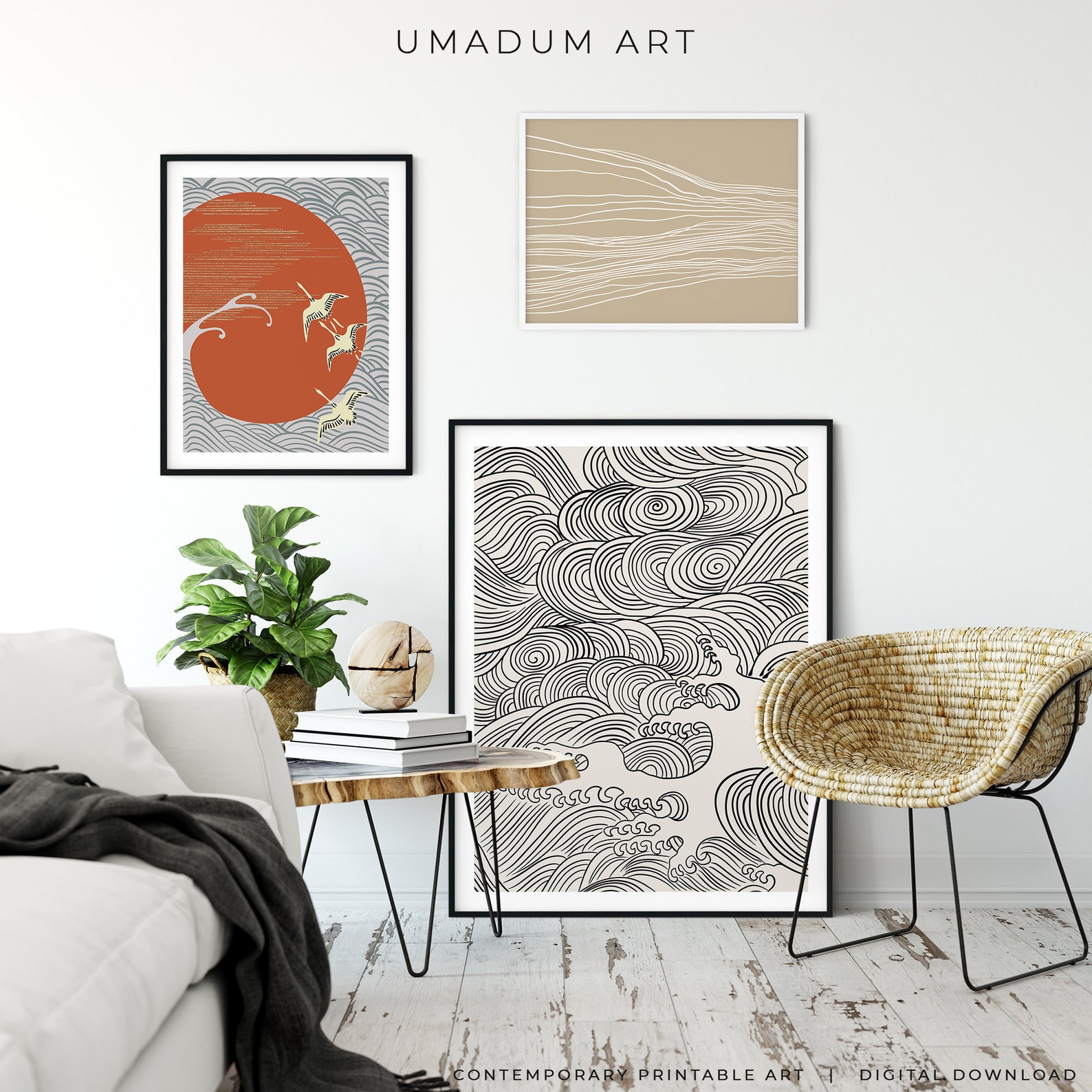 Japanese Abstract Wave Line Art Japandi Graphic Art Beige and Black Art ...