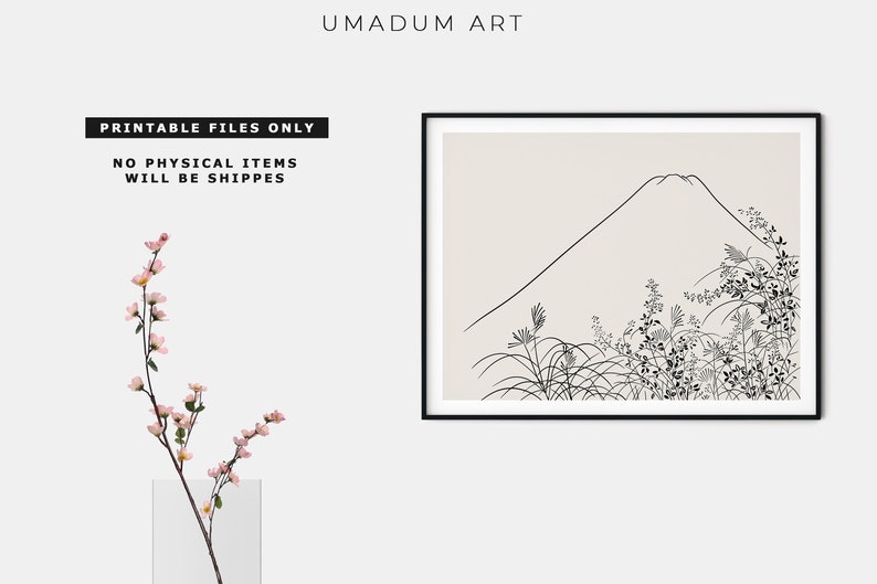 Mount Fuji Print Japanese Minimalist Abstract Line Art Beige Black ...
