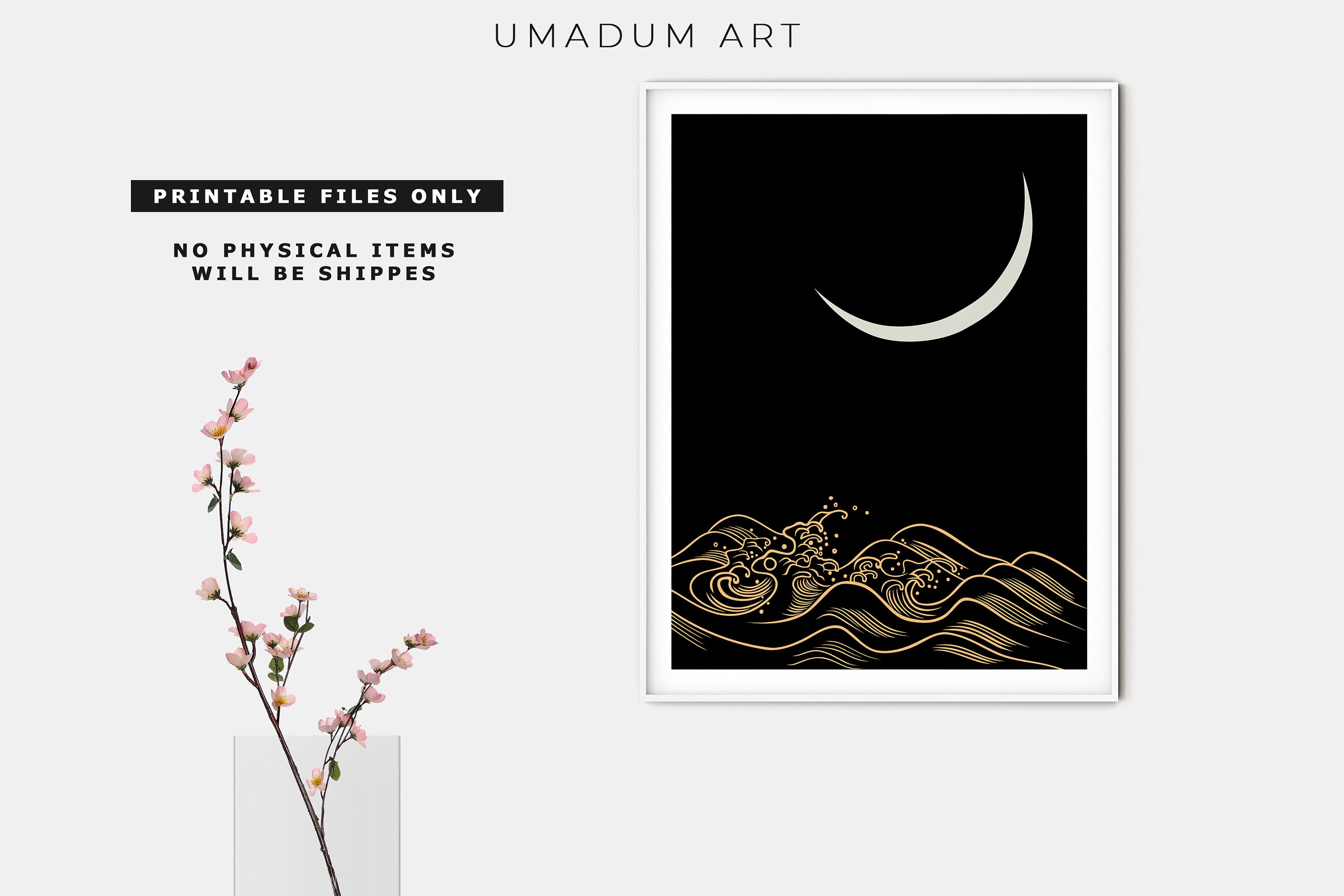 Japanese Waves Sun and Moon Print Japandi Set of 2 Minimalist Line Art ...