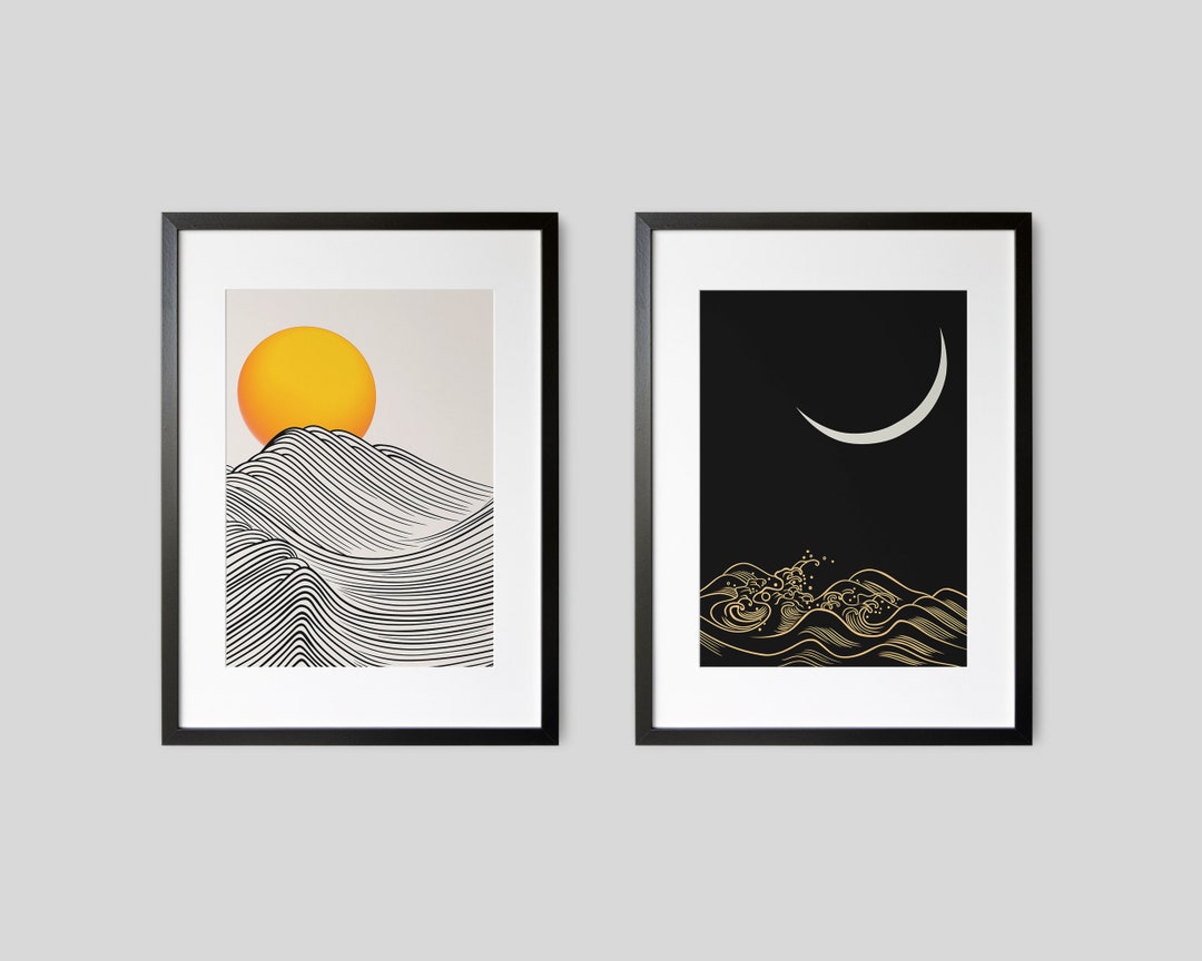 Japanese Waves Sun and Moon Print Japandi Set of 2 Minimalist Line Art ...