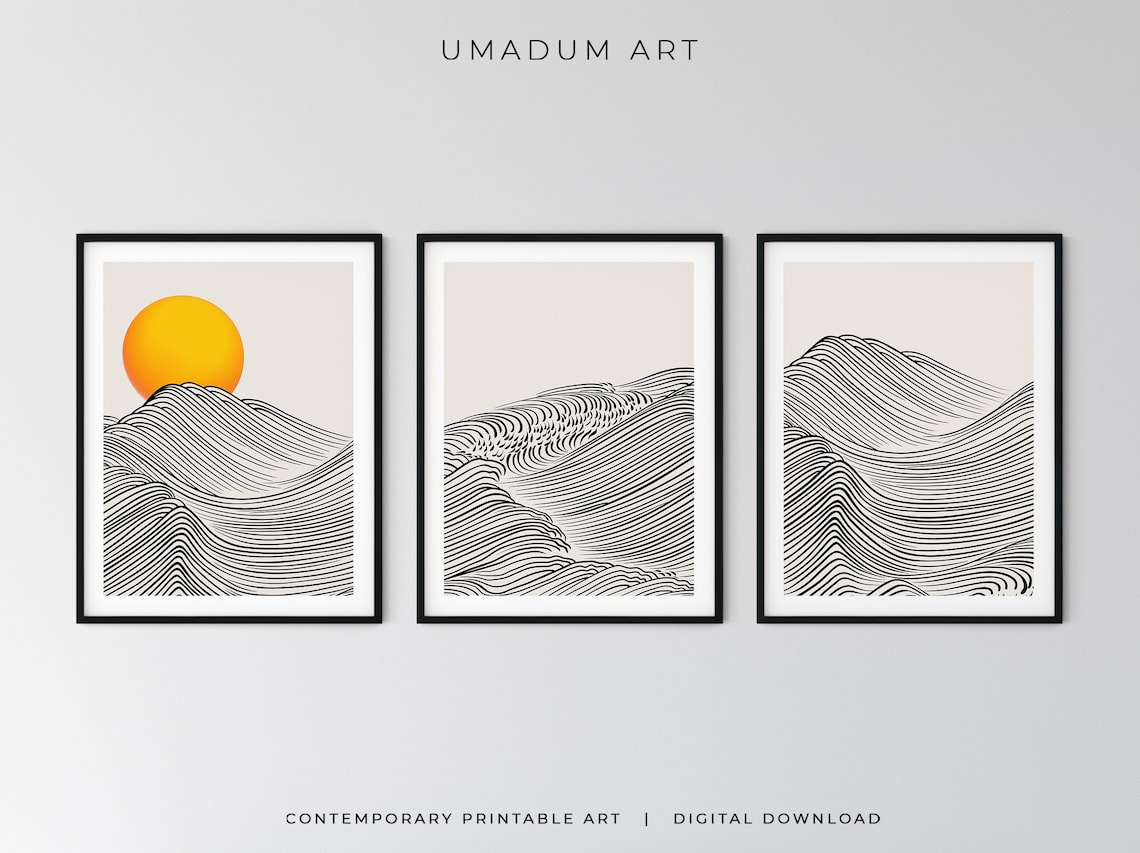 Japanese Minimalist Set of 3 Wave Prints Japandi Line Art - Etsy