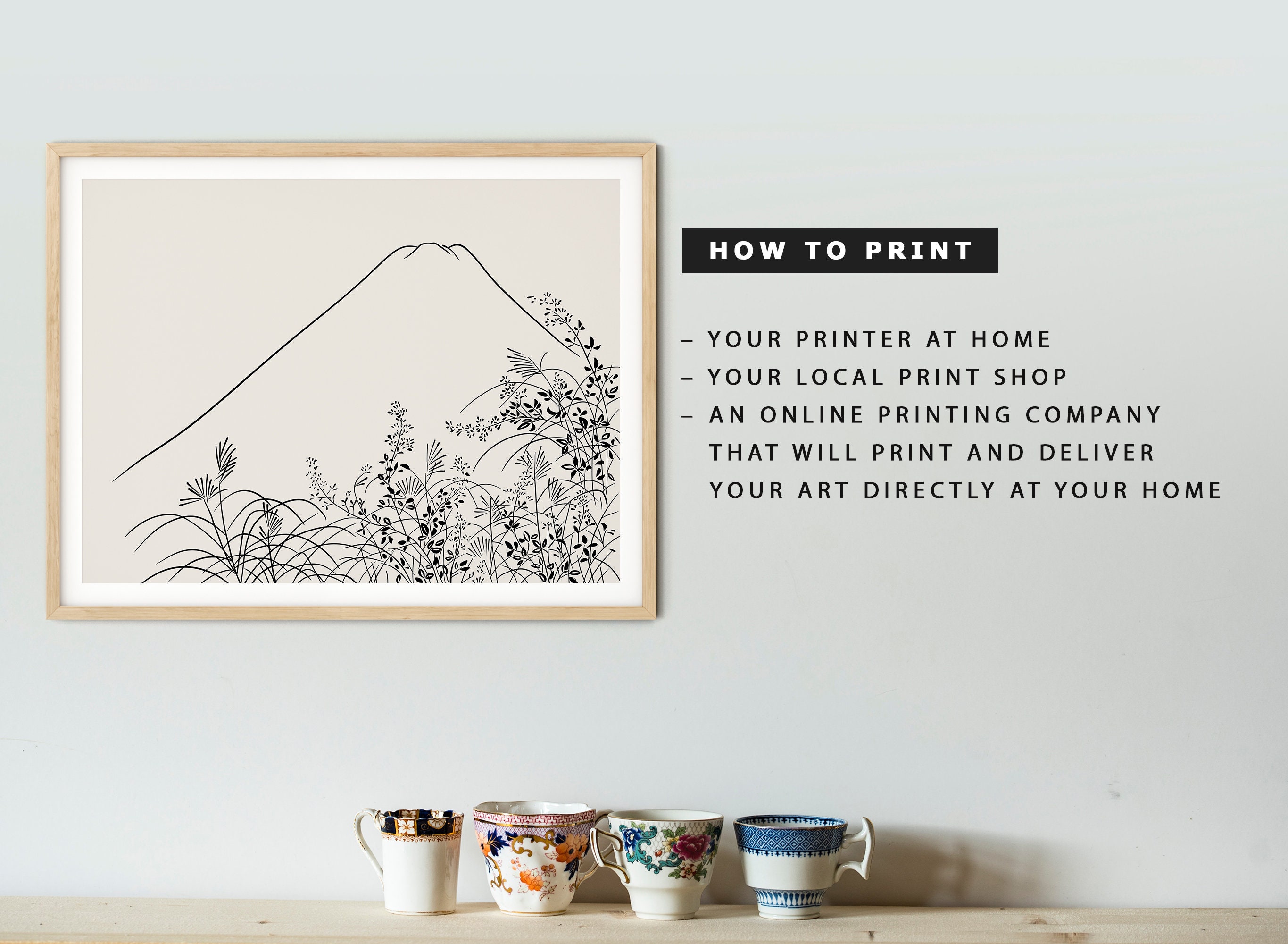 Mount Fuji Print Japanese Minimalist Abstract Line Art Beige Black ...