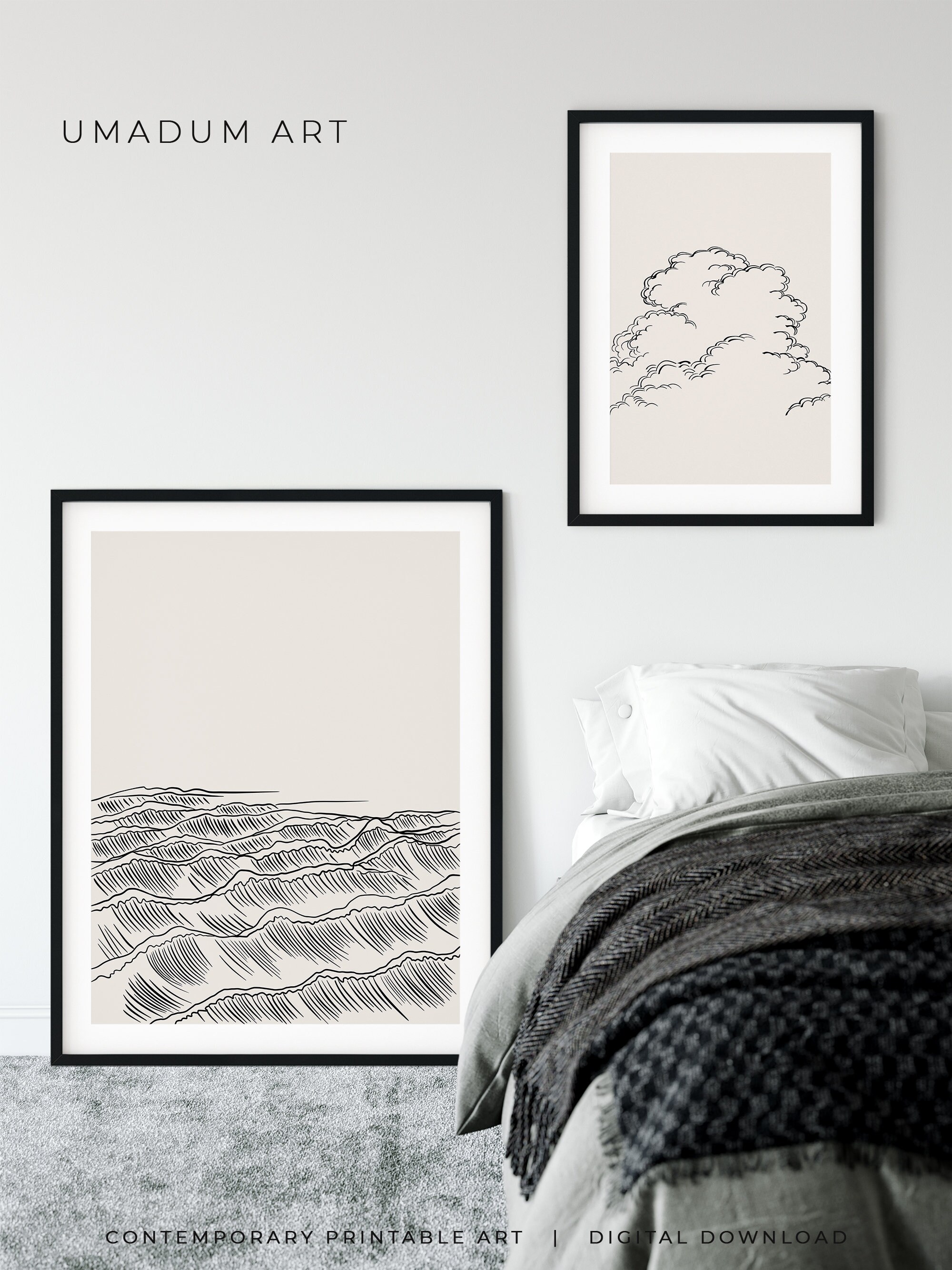 Japanese Cloud Print Abstract Line Art Beige Printable Art Organic ...
