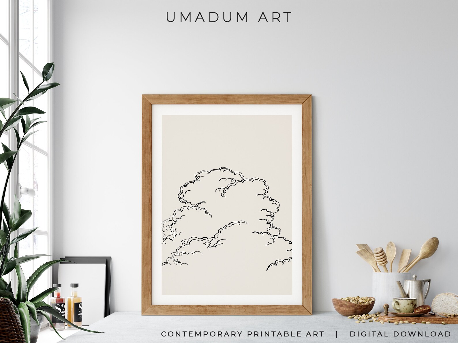 Japanese Cloud Print Abstract Line Art Beige Printable Art Organic ...