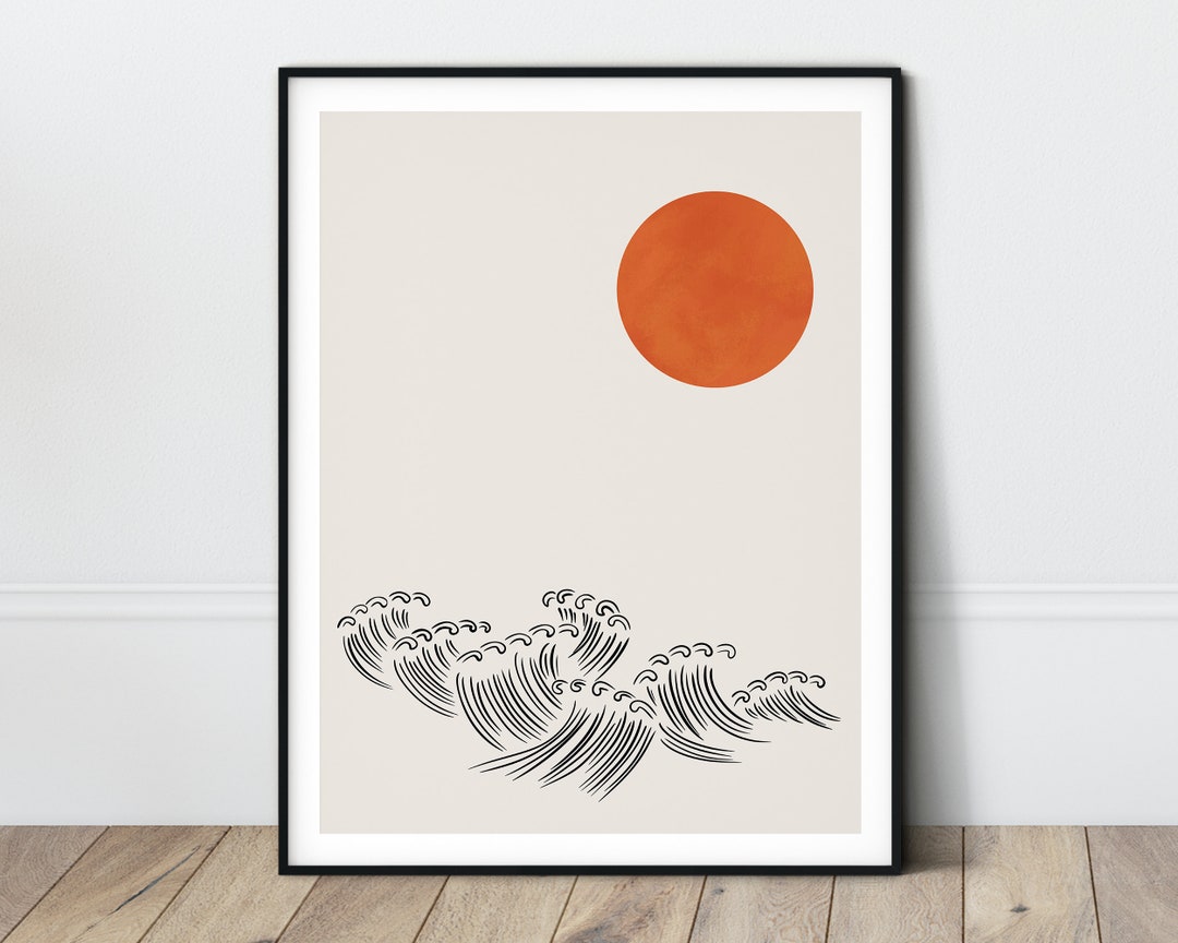 Modern Ocean Print Japanese Orange Sun Bohemian Aesthetic Burnt Orange ...