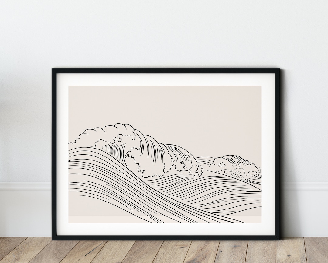 Ocean Wave Print Japanese Line Art Japandi Graphic Art Modern Beige ...
