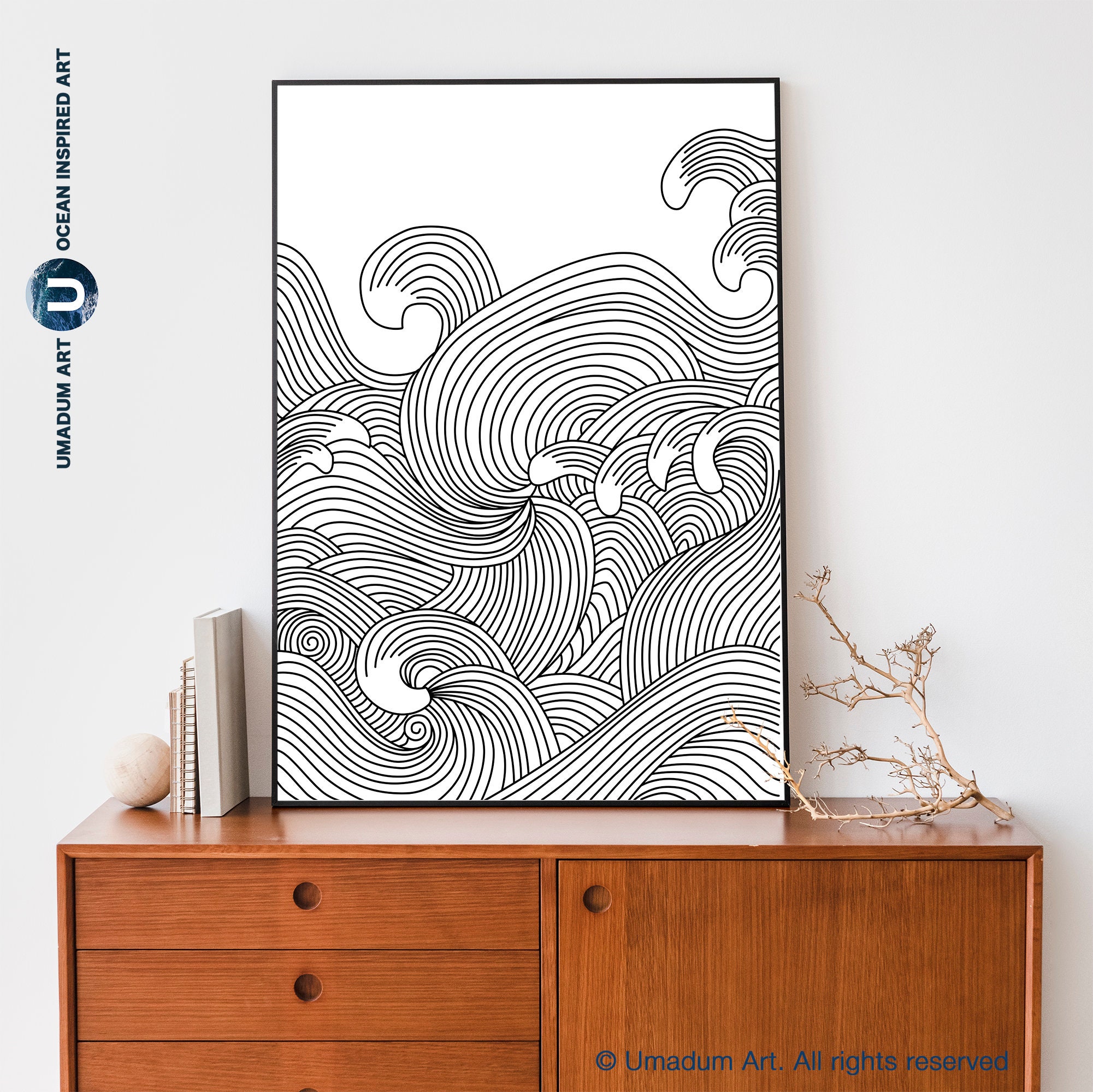 Abstract Wave Print Black and White Line Art Poster Japanese - Etsy