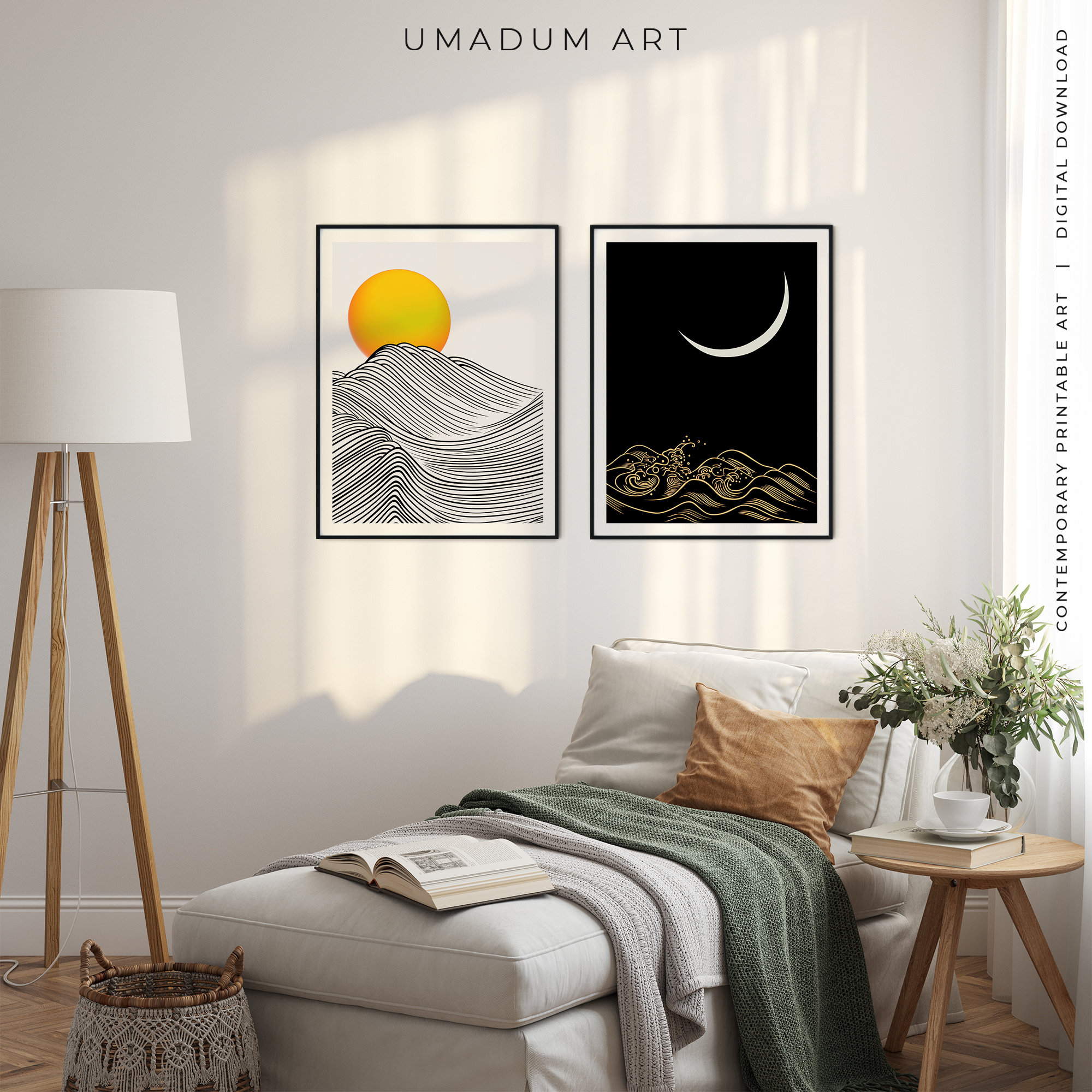 Japanese Waves Sun and Moon Print Japandi Set of 2 Minimalist Line Art ...