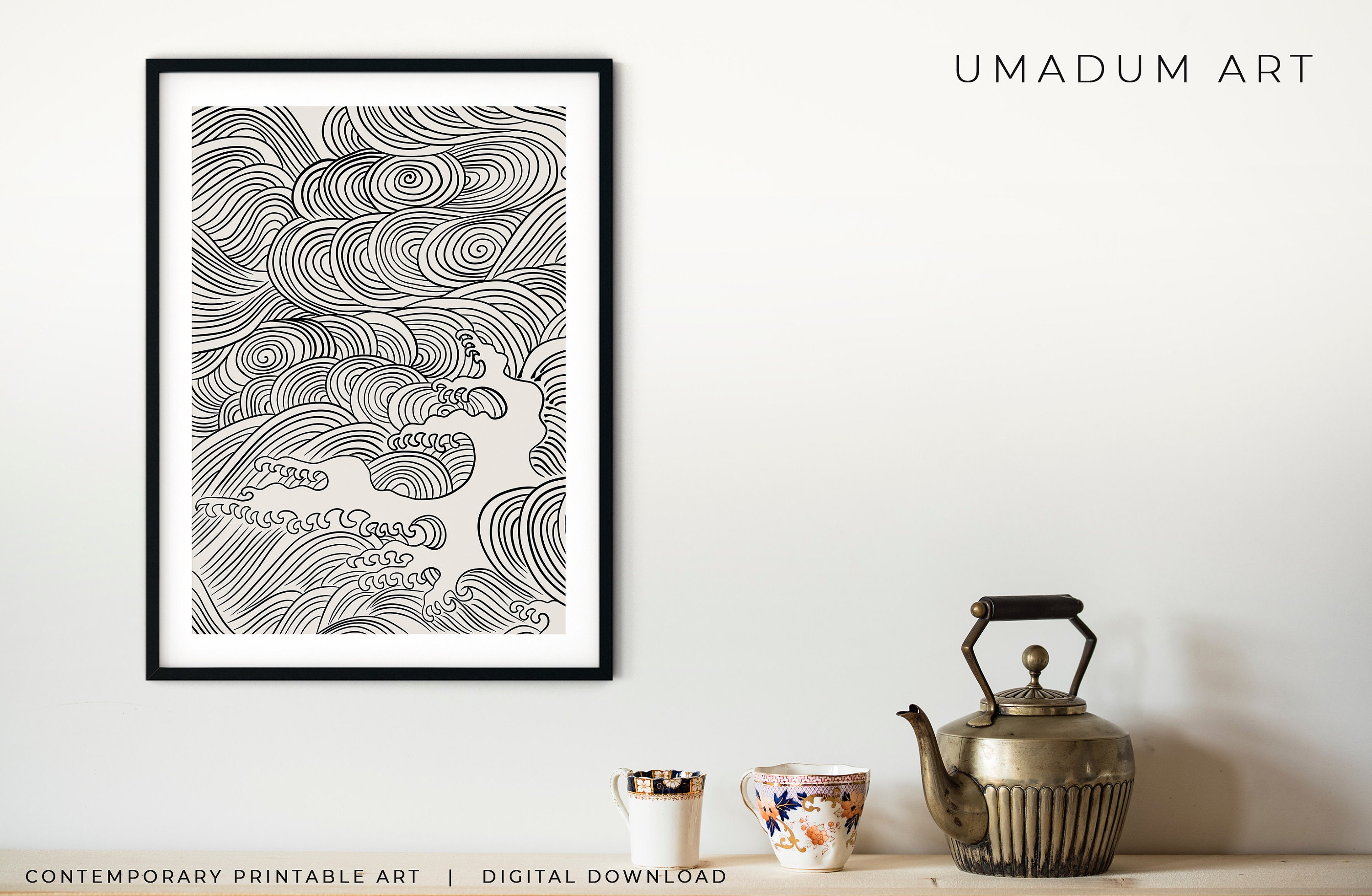 Japanese Abstract Wave Line Art Japandi Graphic Art Beige and Black Art ...