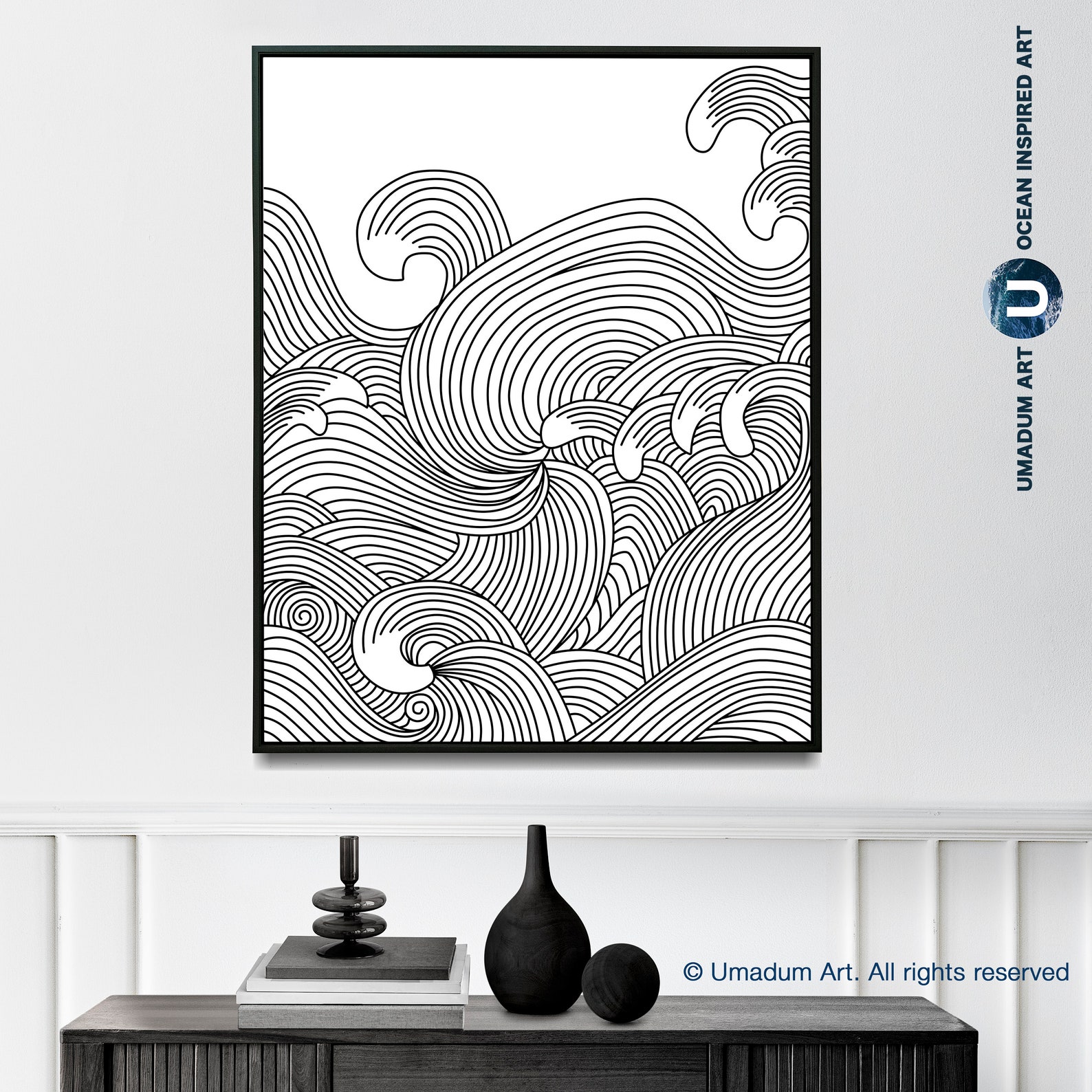 Abstract Wave Print Black and White Line Art Poster Japanese - Etsy