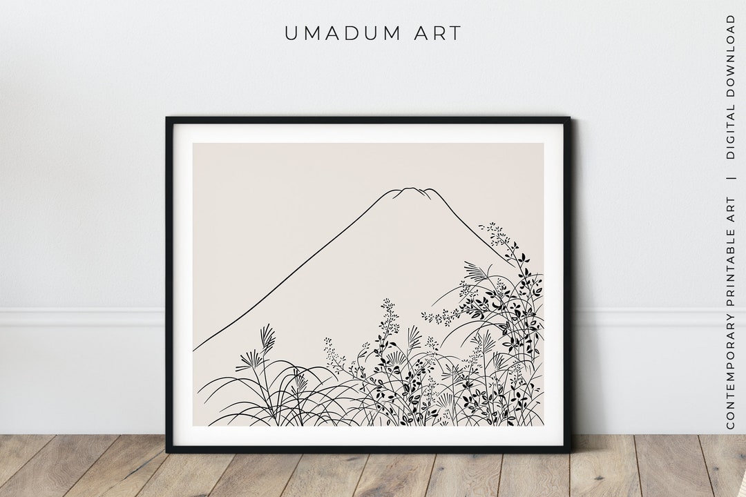 Mount Fuji Print Japanese Minimalist Abstract Line Art Beige Black ...