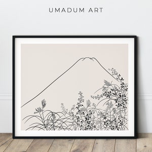 Mount Fuji Print Japanese Minimalist Abstract Line Art Beige Black ...