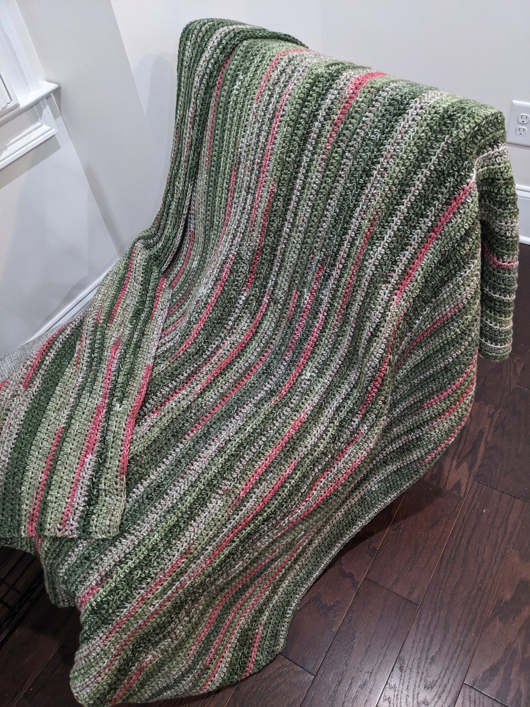 Green and Pink Afghan, Throw, Olive Green, Military Green, Crocheted ...