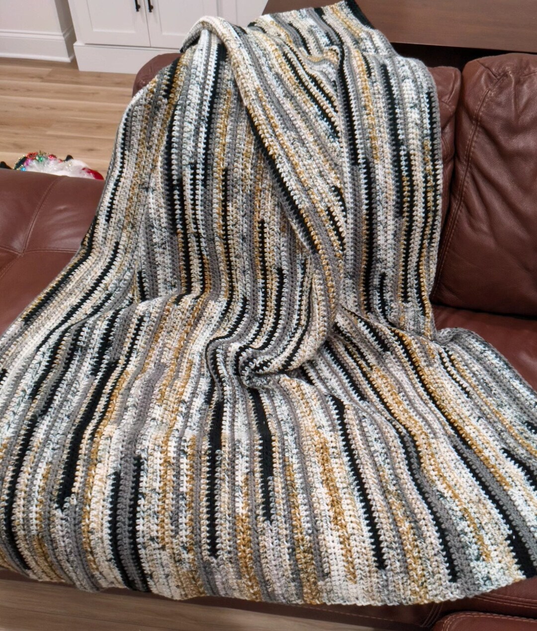 Black, Gold, White, Gray Afghan, Blanket, Throw, Hand Crocheted, Luxury ...