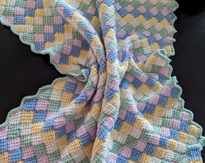 Baby Blanket, Afghan, Crocheted, Tunisian, Entrelac, Blue, Green, Yellow, Pink, White - Etsy