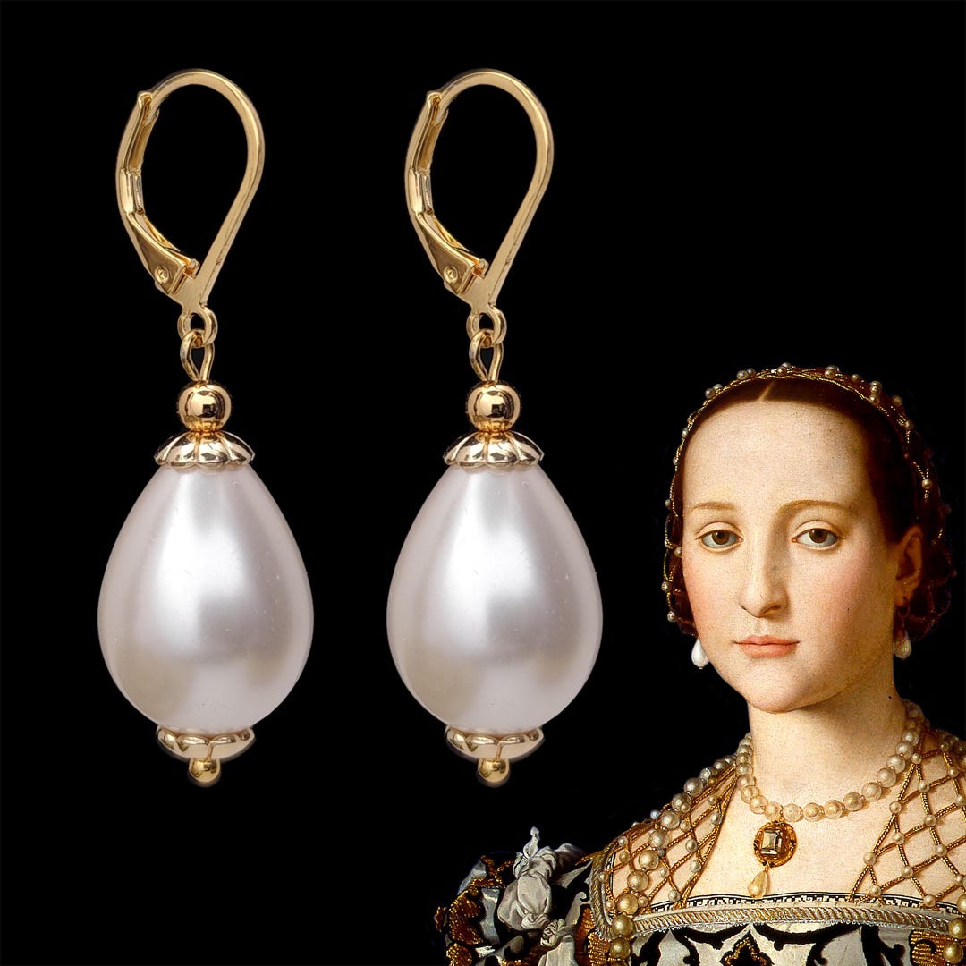 Renaissance Pearl Drop Earrings, Eleanor of Toledo Replica, Teardrop ...