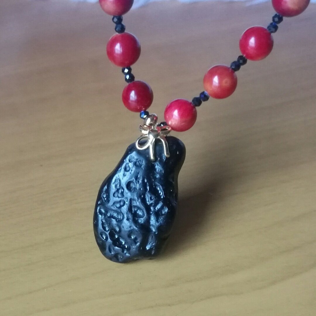 Natural Meteorite Tektite Necklace, Red Coral Necklace, Black Meteorite ...