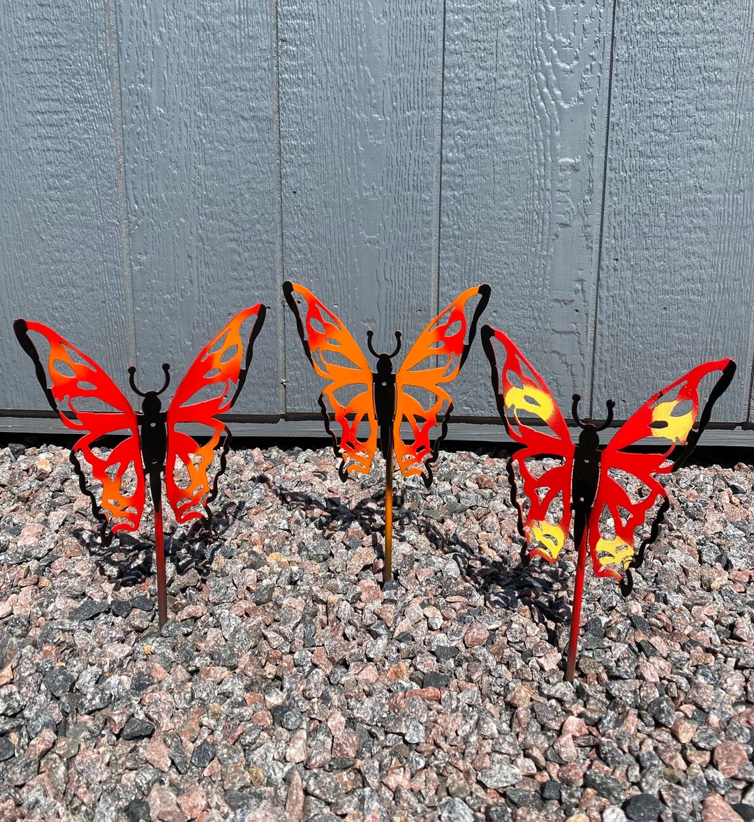 Three Small Outdoor Metal Butterfly Yard Stakes/ Butterfly Garden ...