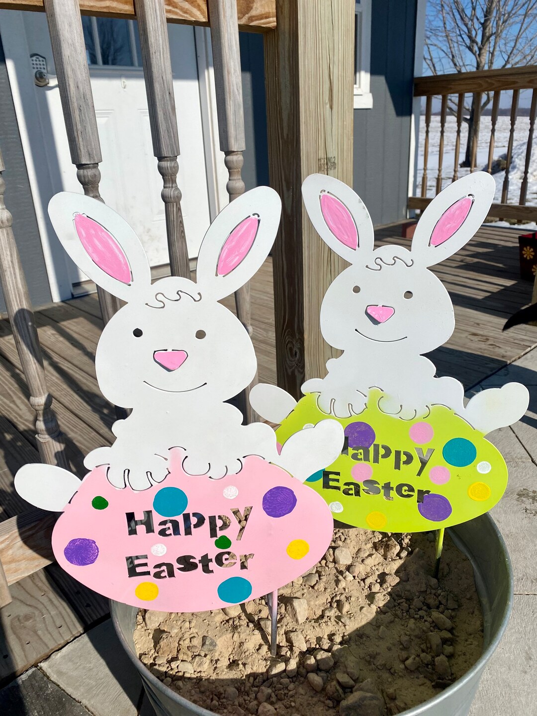 Metal Happy Easter Yard Stake/ Metal Easter Bunny/ Outdoor Easter ...