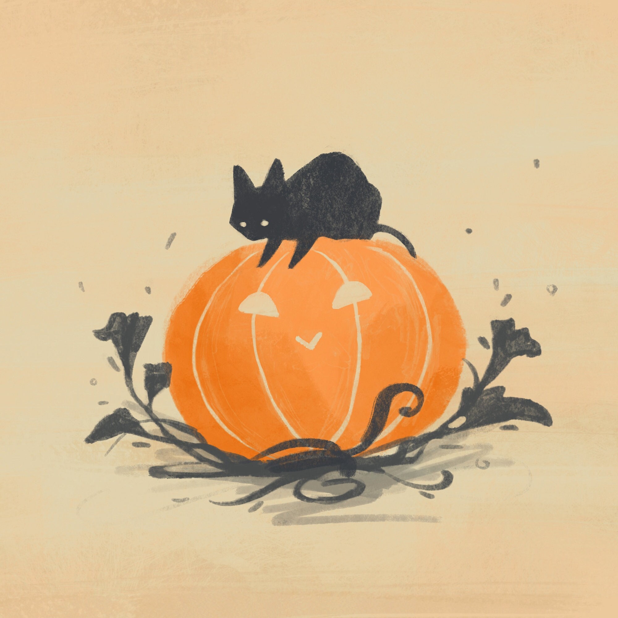 Pumpkin and Black Cat Halloween Fall Small Print 5x5 - Etsy