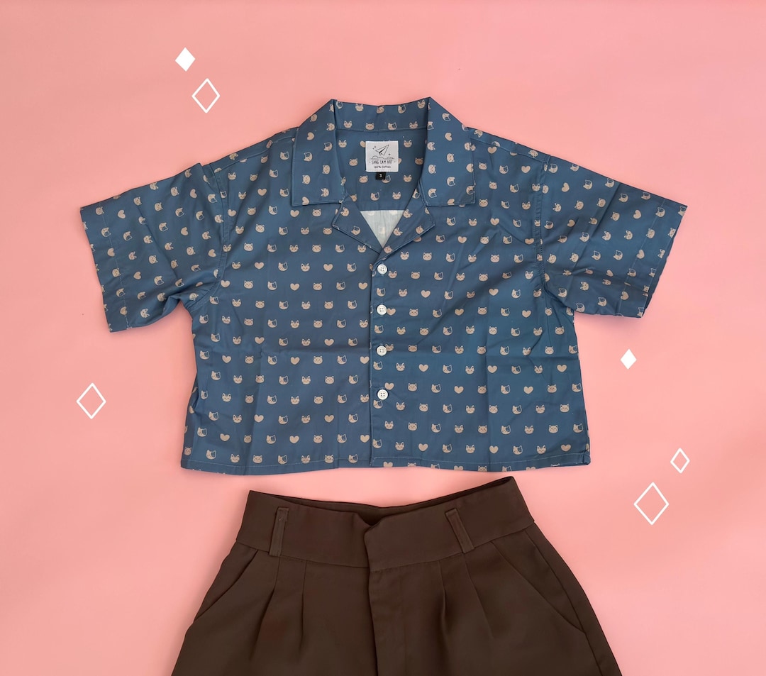 Blue Cropped Button up Shirt Cat Pattern - Etsy