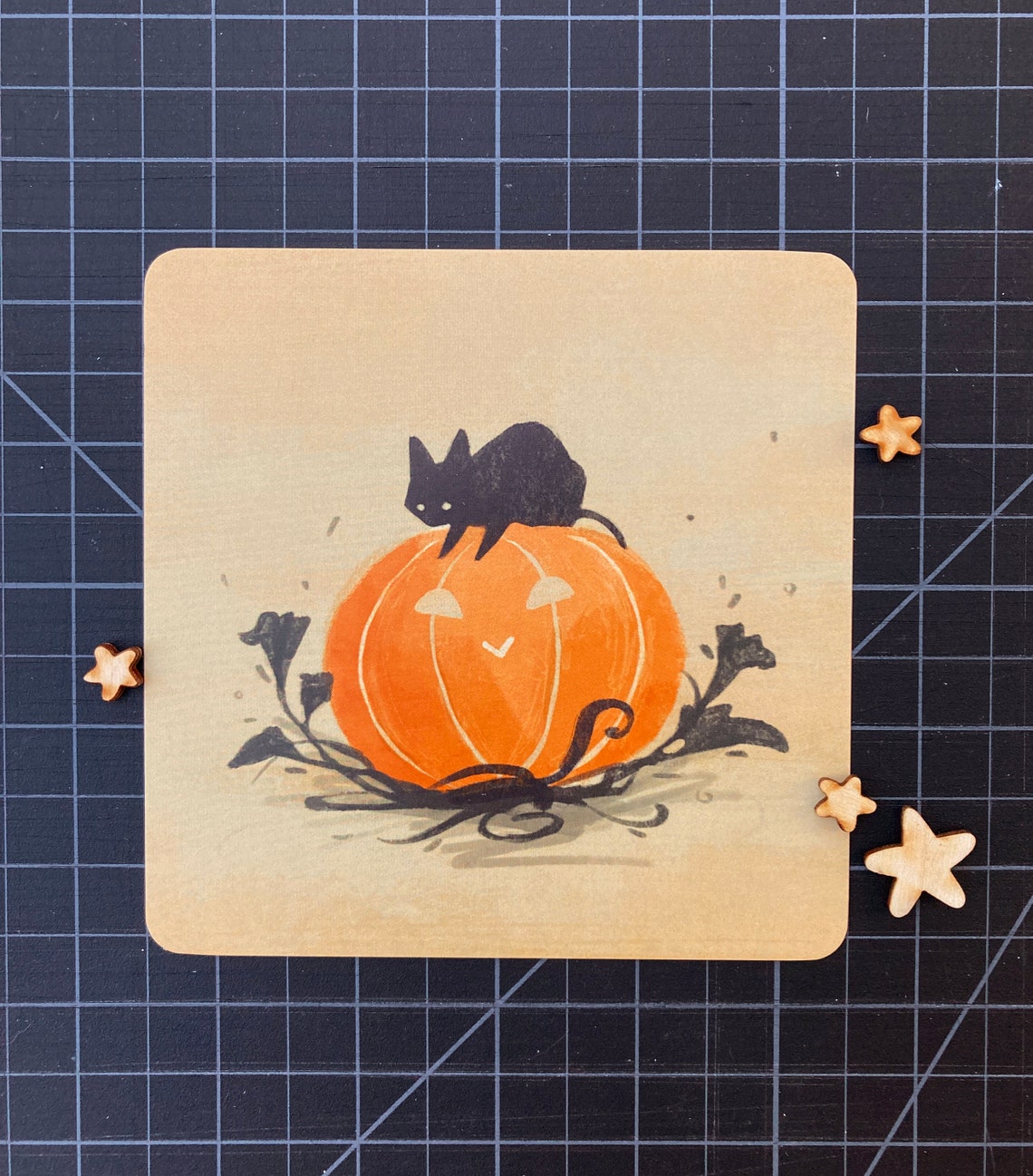 Pumpkin and Black Cat Halloween Fall Small Print 5x5 - Etsy