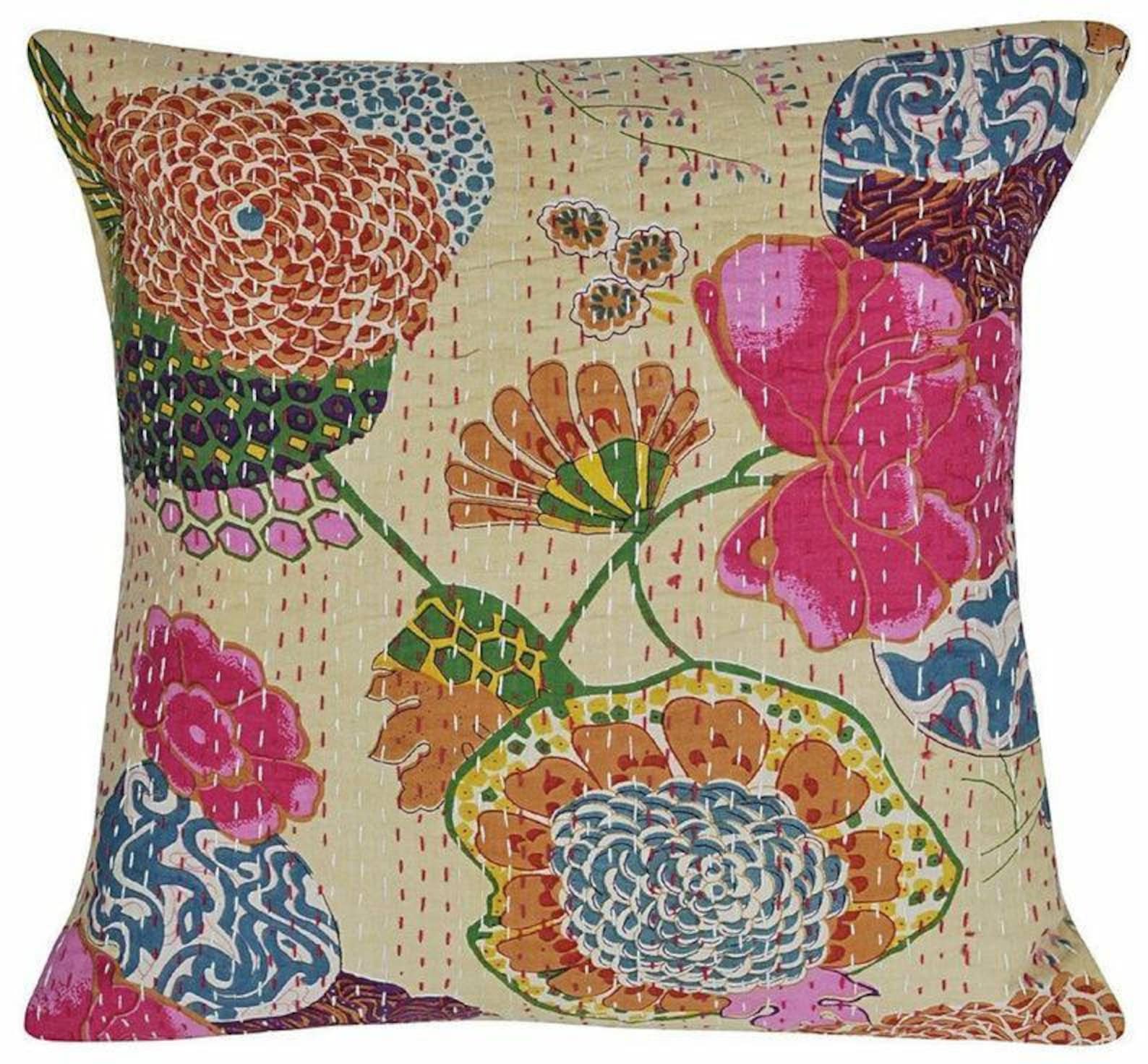 Hand Stitched Vintage Kantha Cushion Cover | Indian Cushion Cover ...