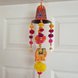 Indian Handcrafted Wind Chimes Rajasthani With Bells Marigold Pom Poms ...