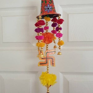 Indian Handcrafted Wind Chimes Rajasthani With Bells Marigold Pom Poms ...