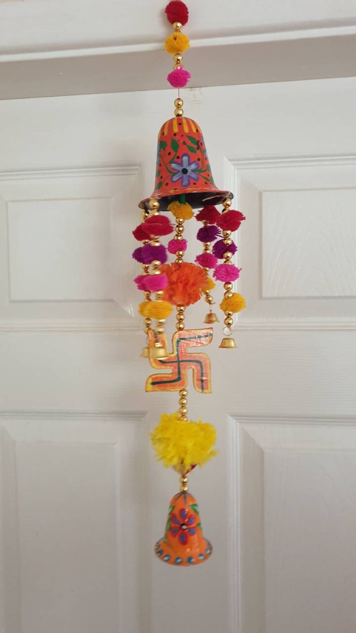 Indian Handcrafted Wind Chimes Rajasthani With Bells Marigold Pom Poms ...