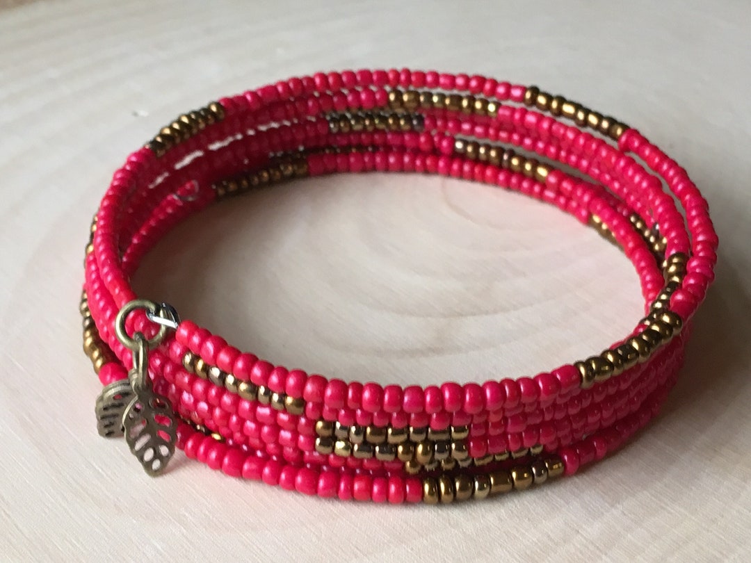 Boho Red and Bronze Memory Wire Bracelet - Etsy