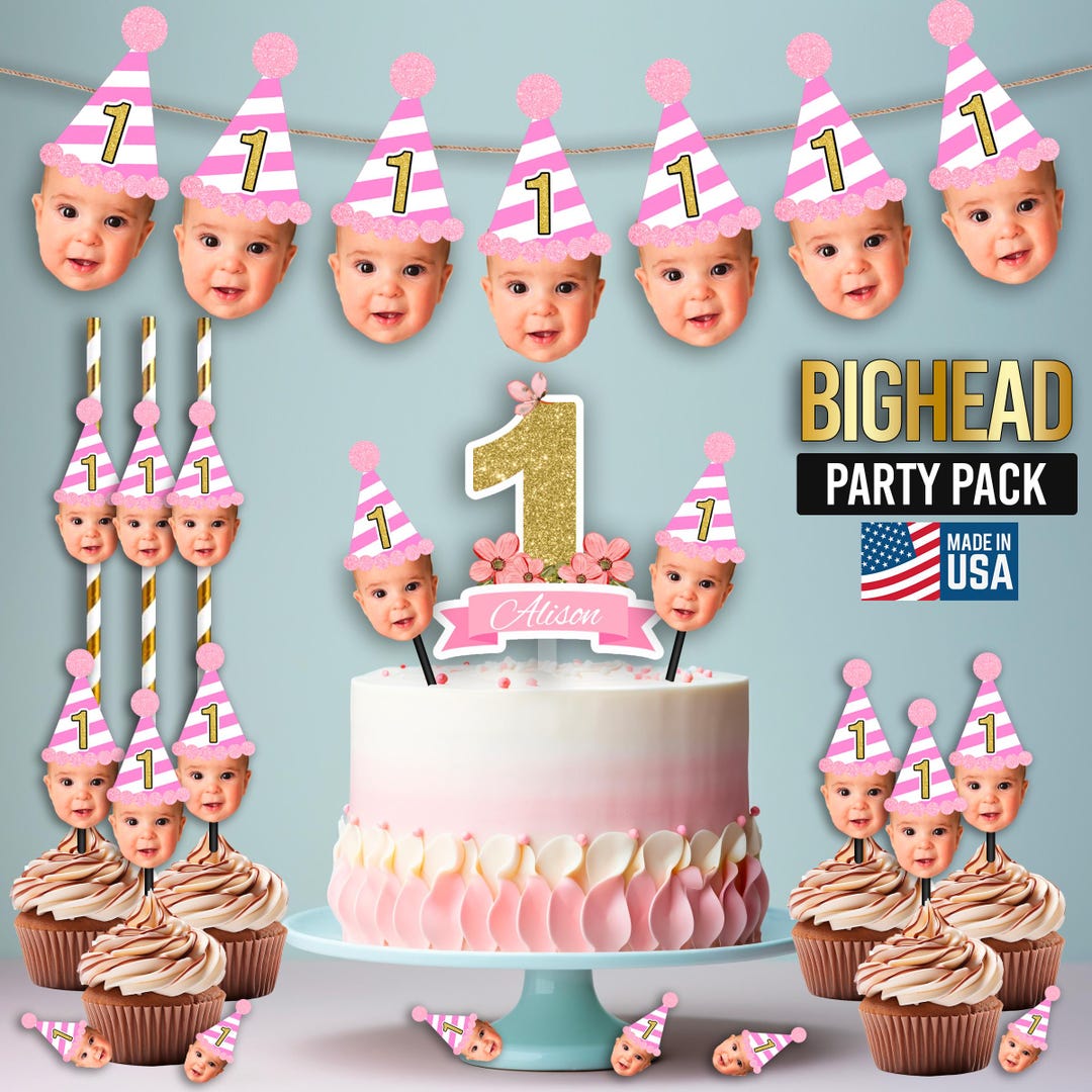 Custom Big Heads Face Birthday Bundle Banner Face Cake Topper, Cupcake ...