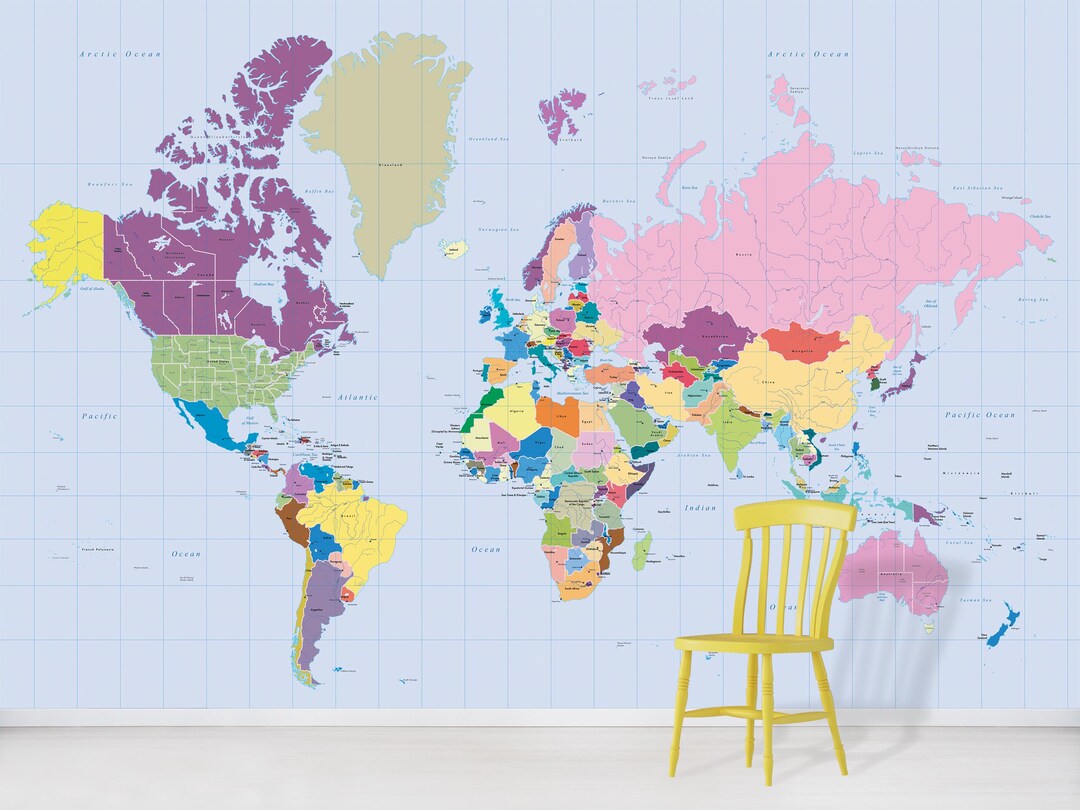 Bright Colourful World Map Wallpaper Mural – Peel and Stick Map Wall ...