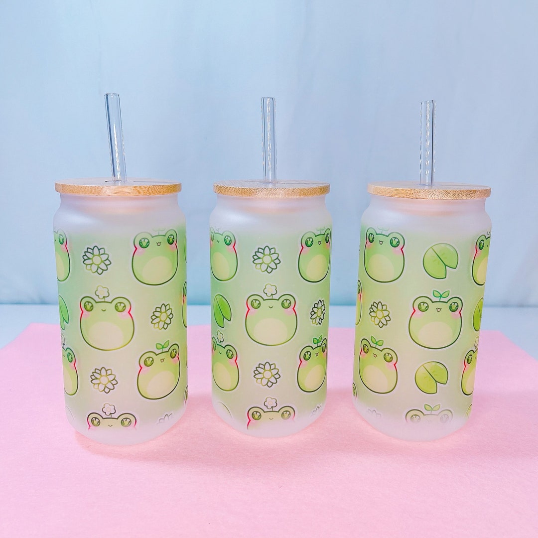 Green Frog Cup Iced Coffee Glass, Glass Can With Bamboo Lid and Straw ...